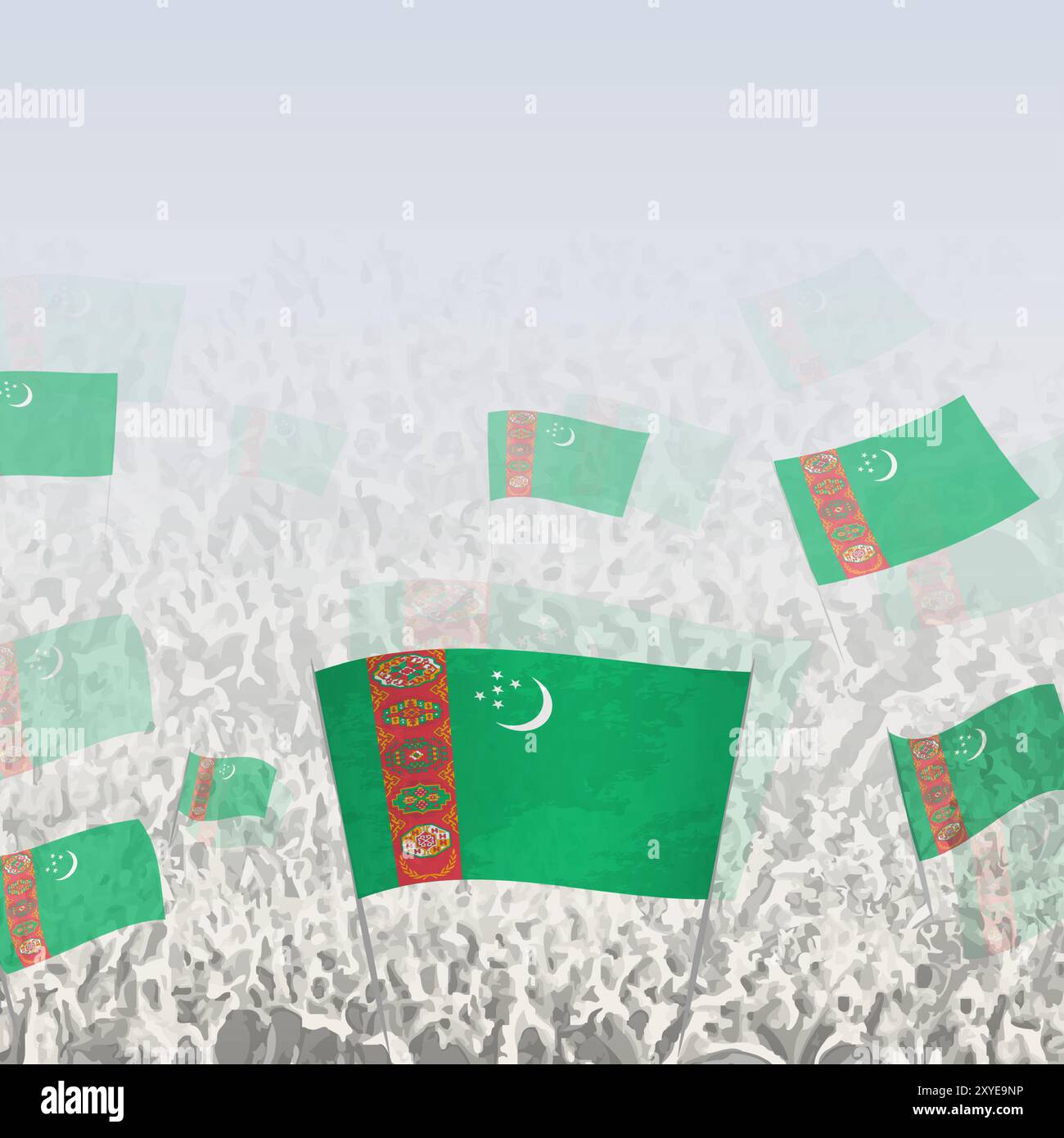 Crowd of people waving flag of Turkmenistan square graphic for social media and news. Vector ...