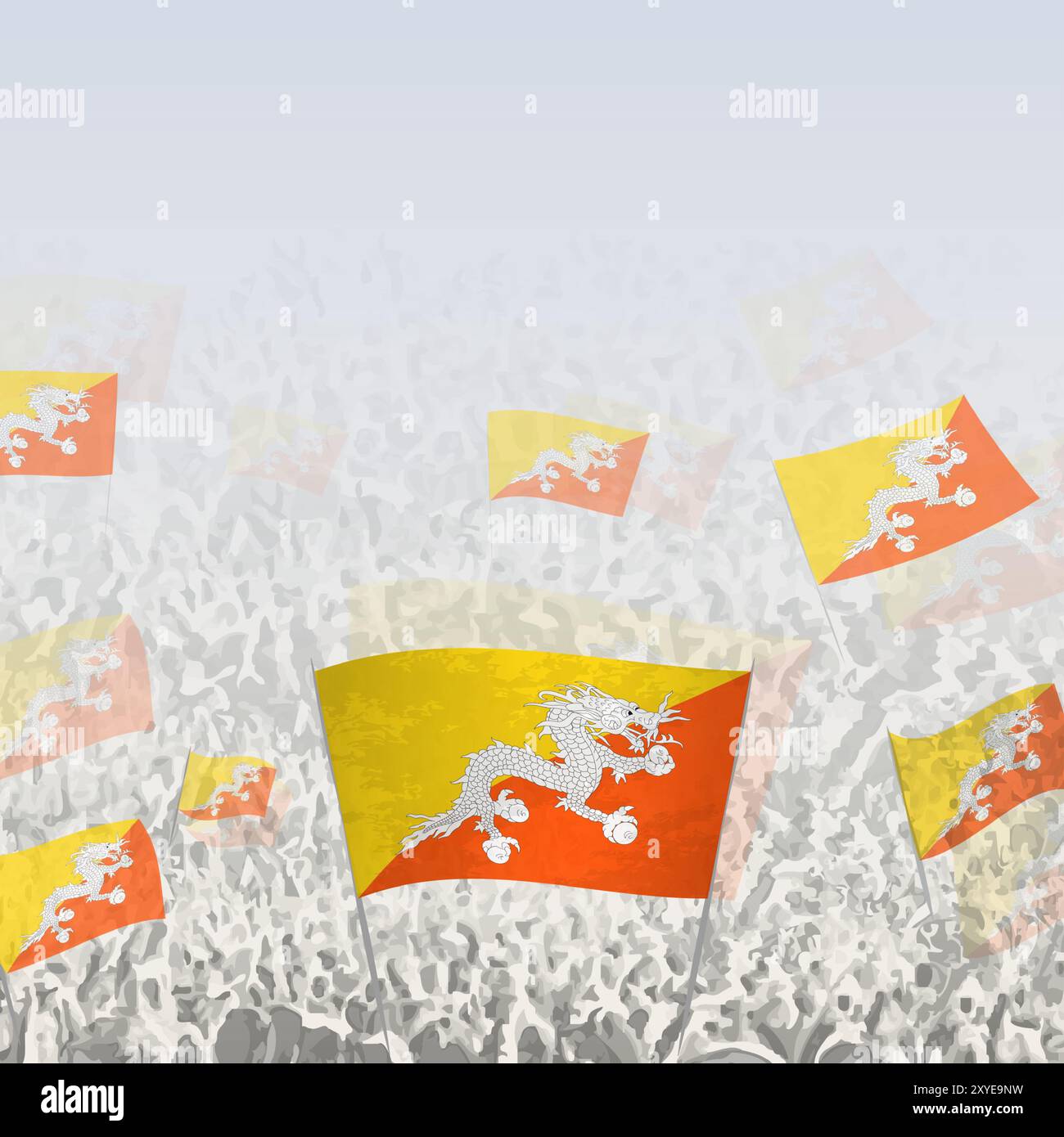 Crowd of people waving flag of Bhutan square graphic for social media ...