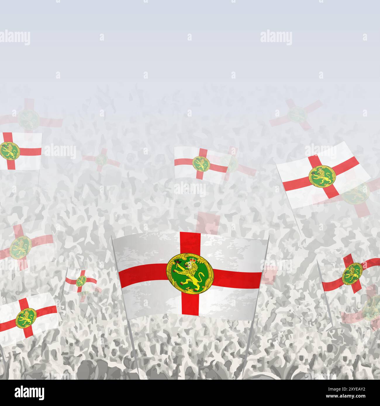 Crowd of people waving flag of Alderney square graphic for social media and news. Vector ...