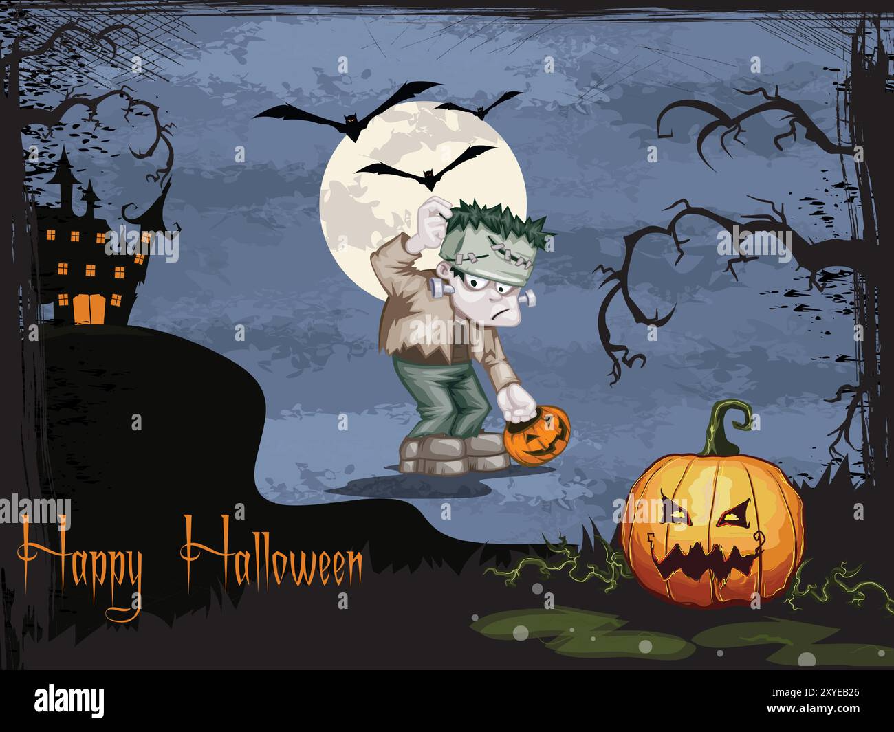 A Halloween poster with a man holding a pumpkin and a bat. The man is ...