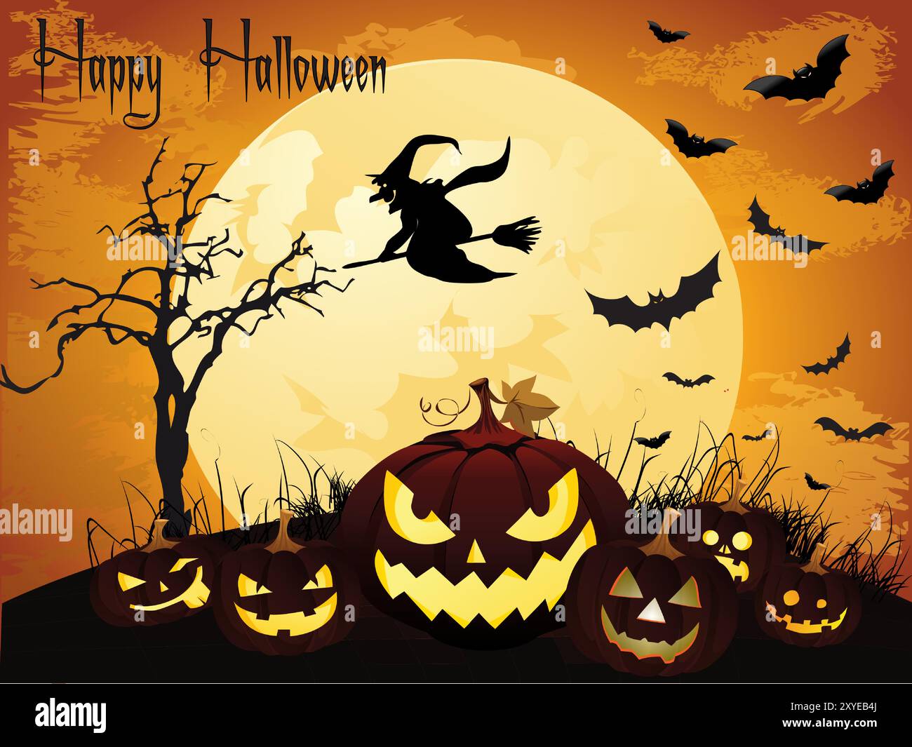 A Halloween scene with a witch flying over a field of pumpkins. The ...