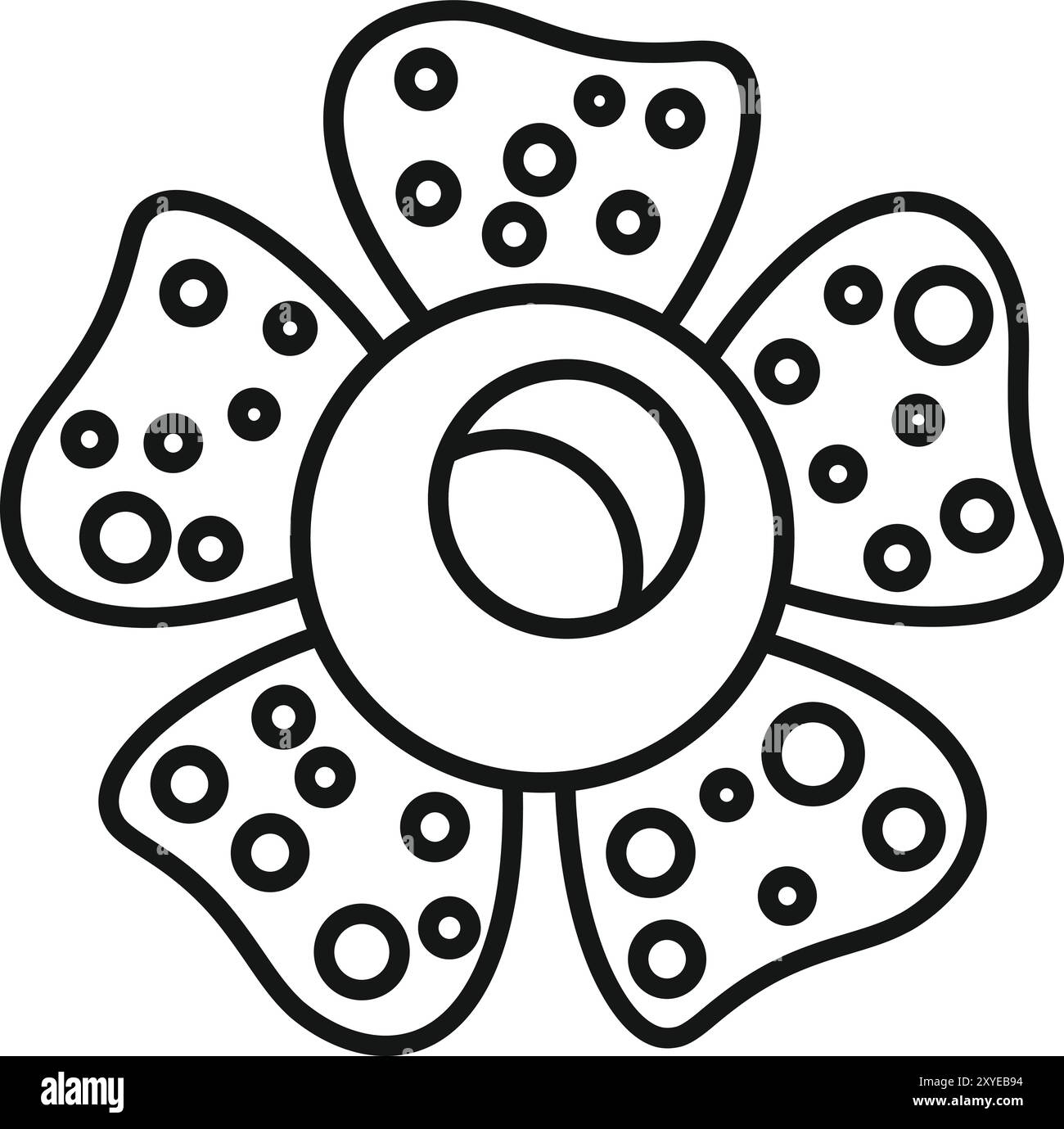 Black and white line drawing of an exotic flower with five petals ...