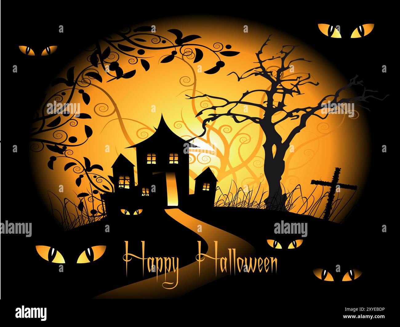 A Halloween themed poster with a house, a tree, and a cross. The poster ...