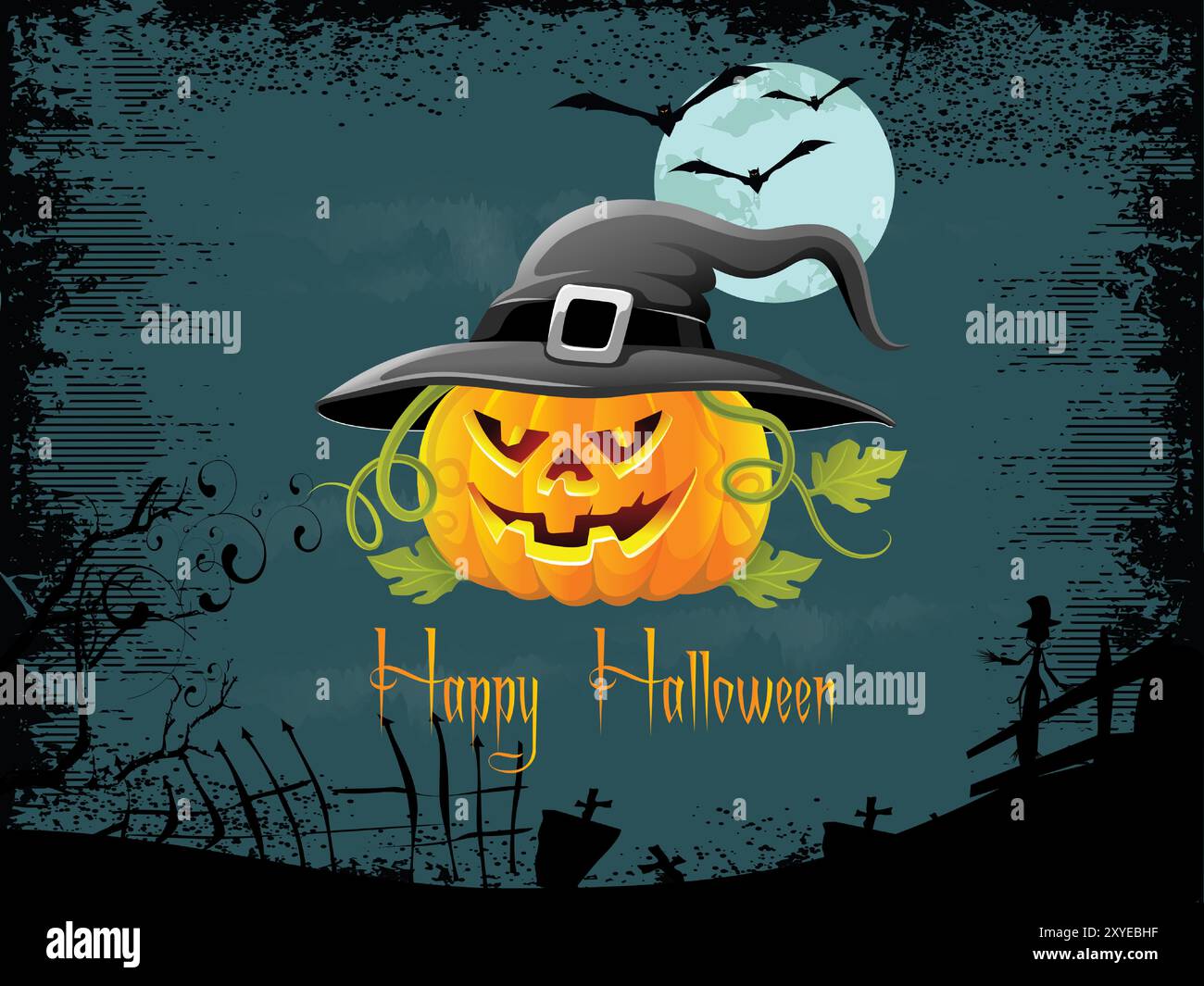 A pumpkin with a scary face is on a poster that says Happy Halloween ...