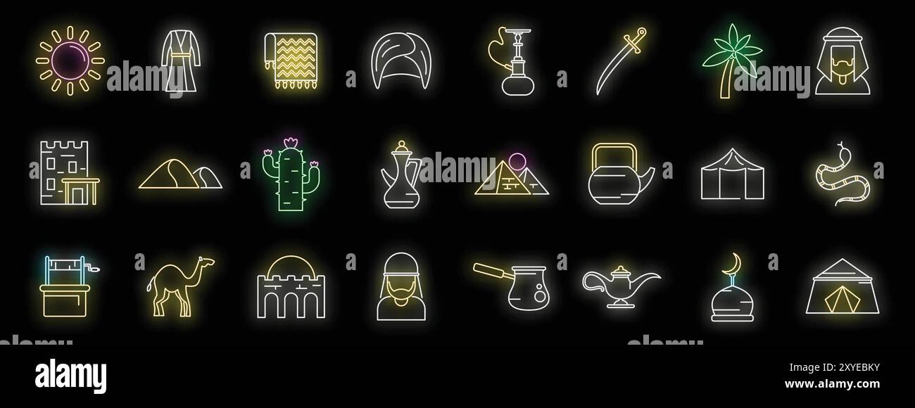 Set of arab culture neon icons with editable stroke and background ...