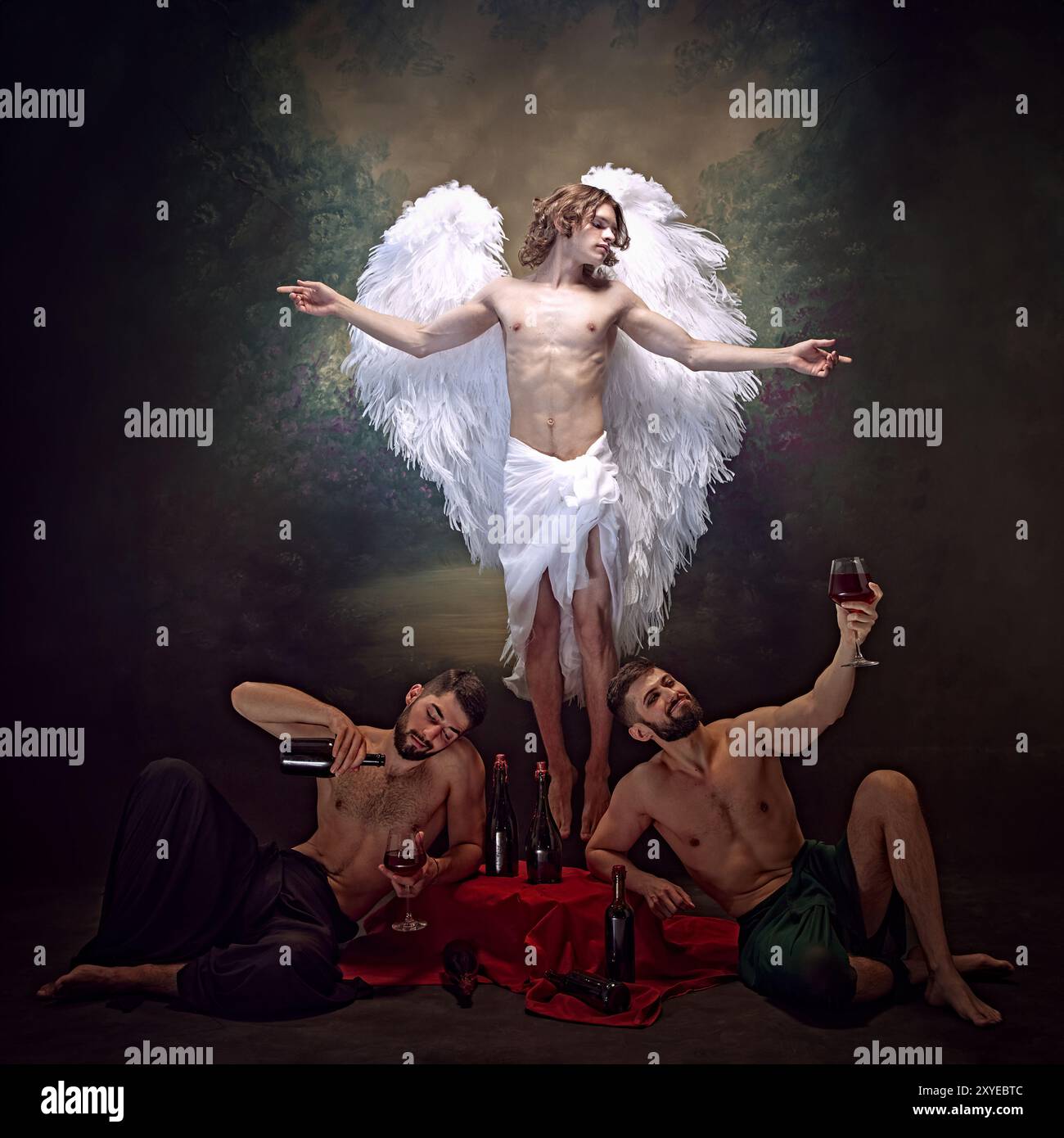Angel flying and glowing in light, while two men indulge in wine ...