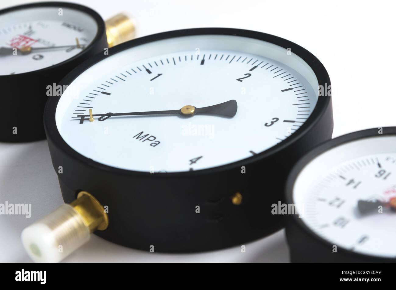 Close-up Pressure sensors in the pipeline, mono-meters. Three ...