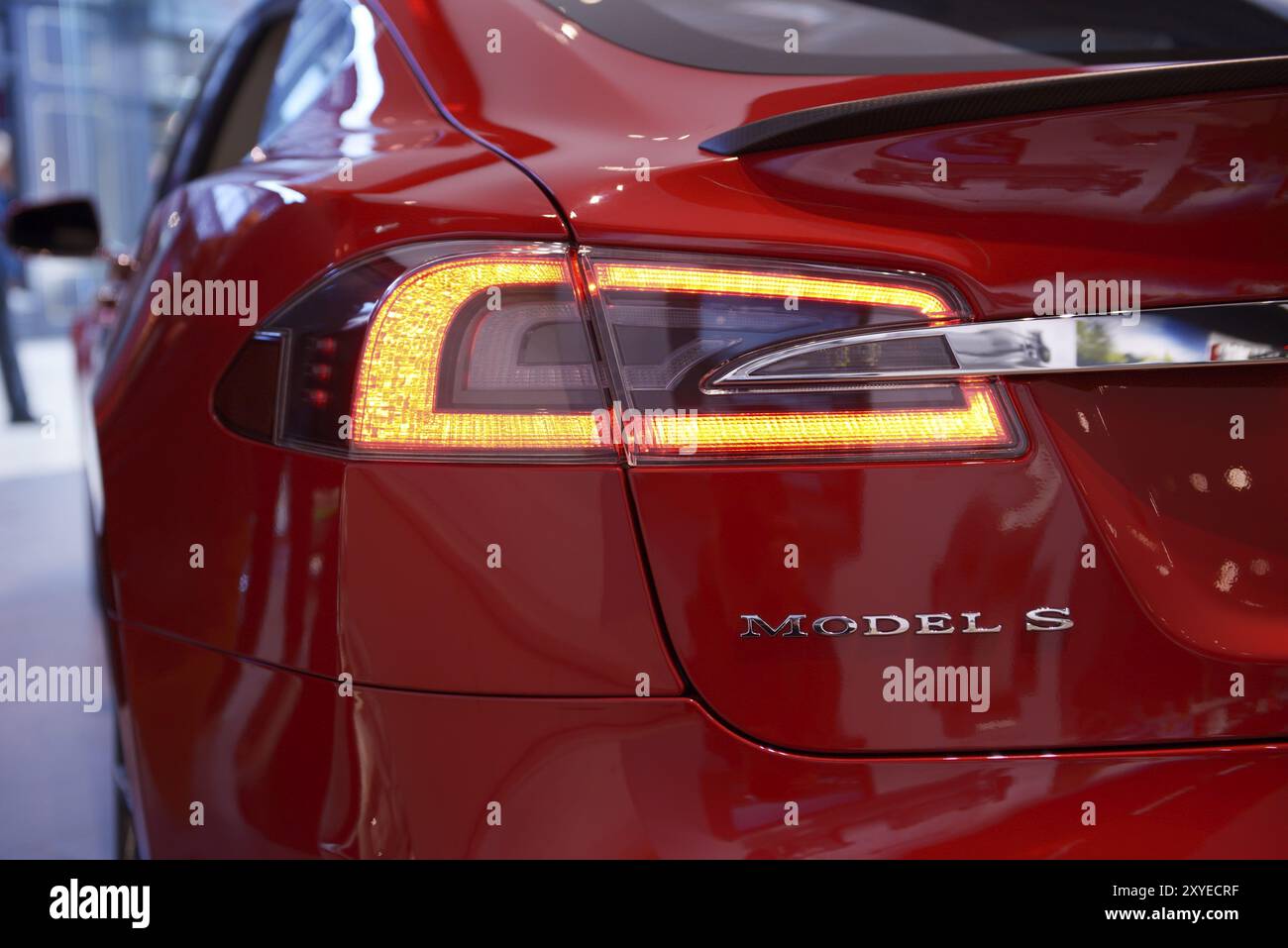 Closeup of Tesla Model S luxury electric car tail light outdoors Stock ...
