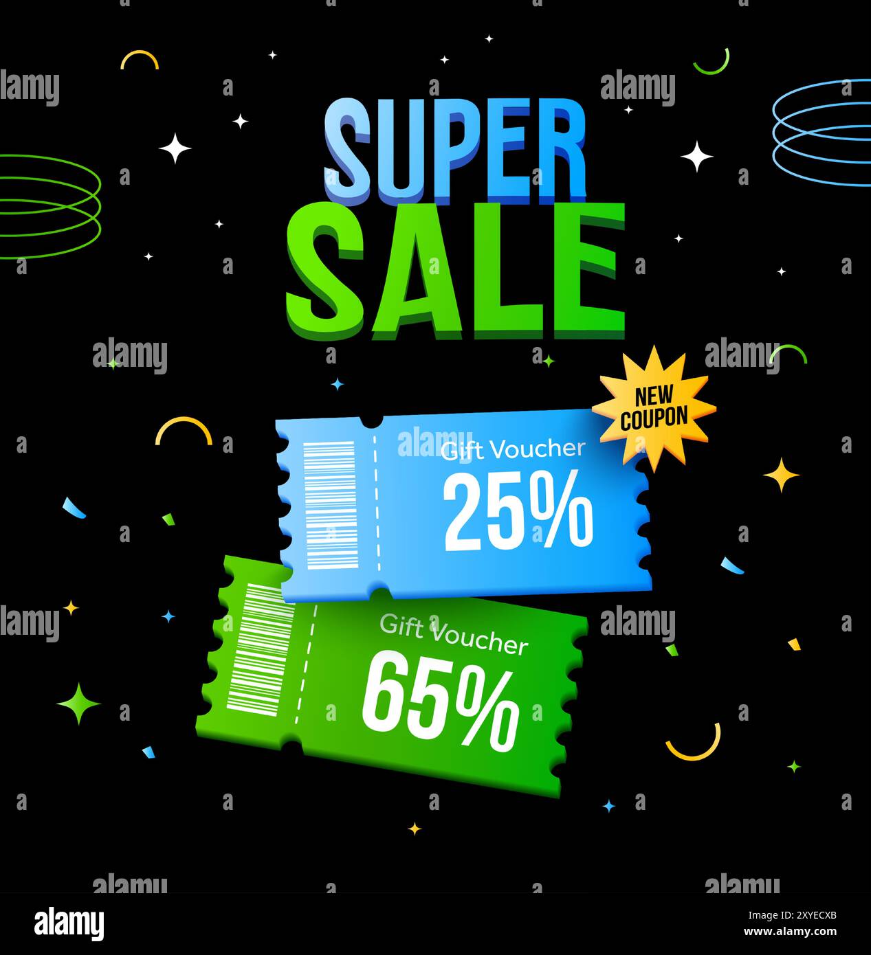 3d Super sale coupons with coupon code, barcode, confetti effect, isolated on dark background ...