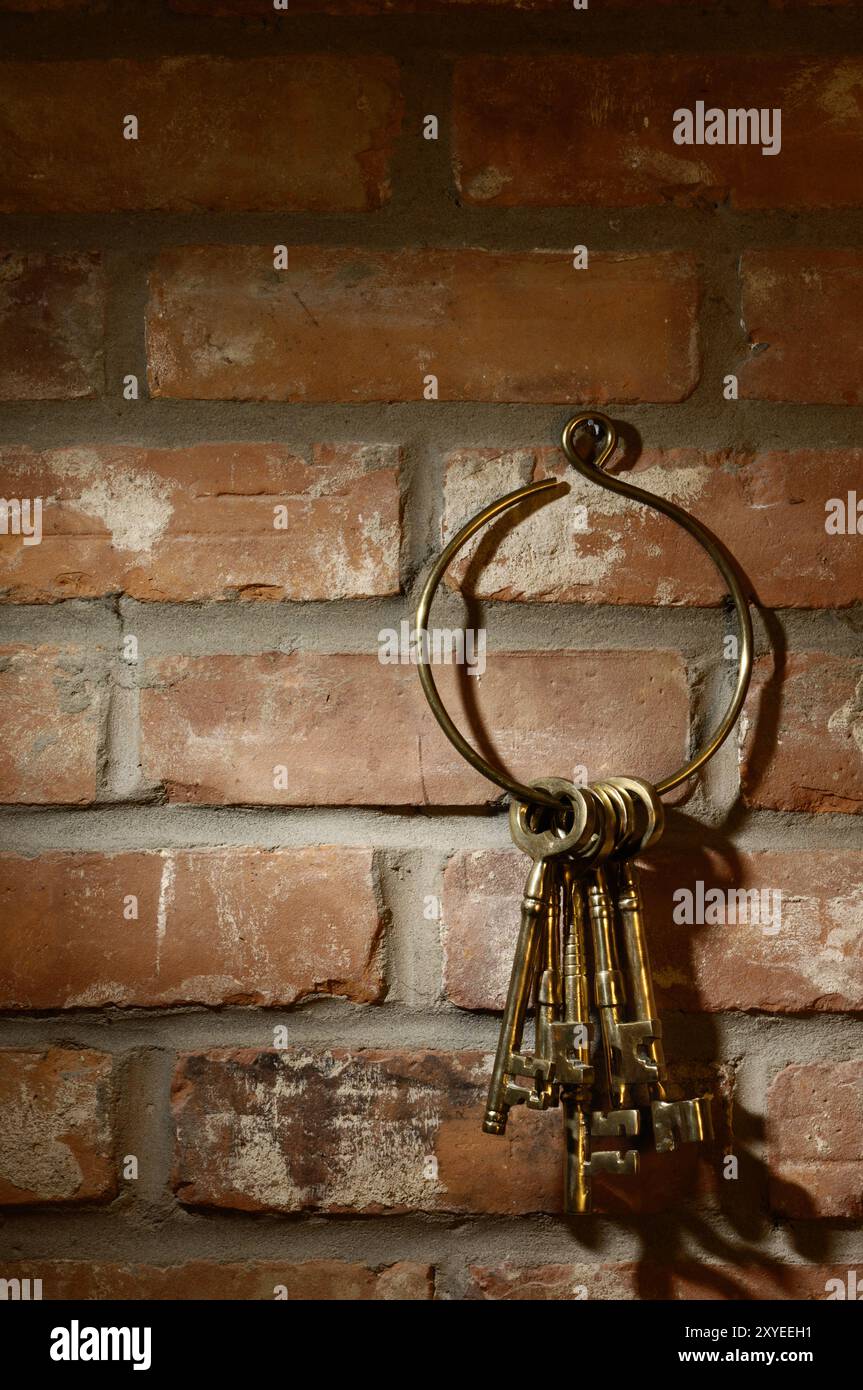 Bunch of old brass skeleton keys hanging on a brick wall Stock Photo ...