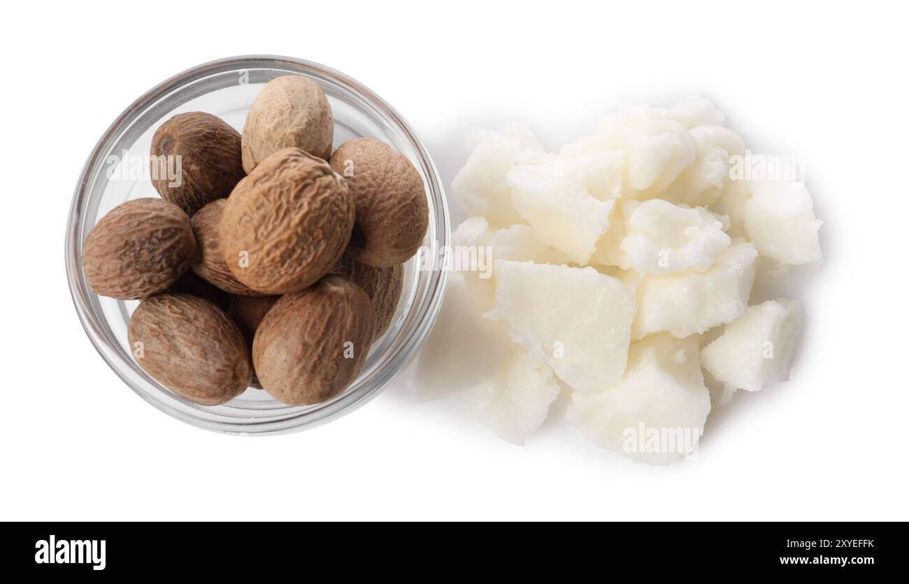 Natural shea butter and nuts isolated on white, top view Stock Photo ...