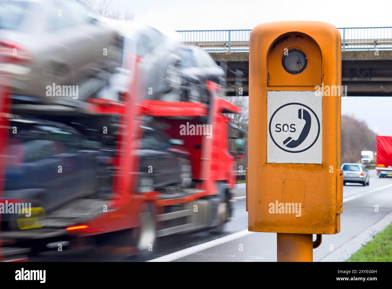 Car transporter at an emergency call pillar Stock Photo - Alamy