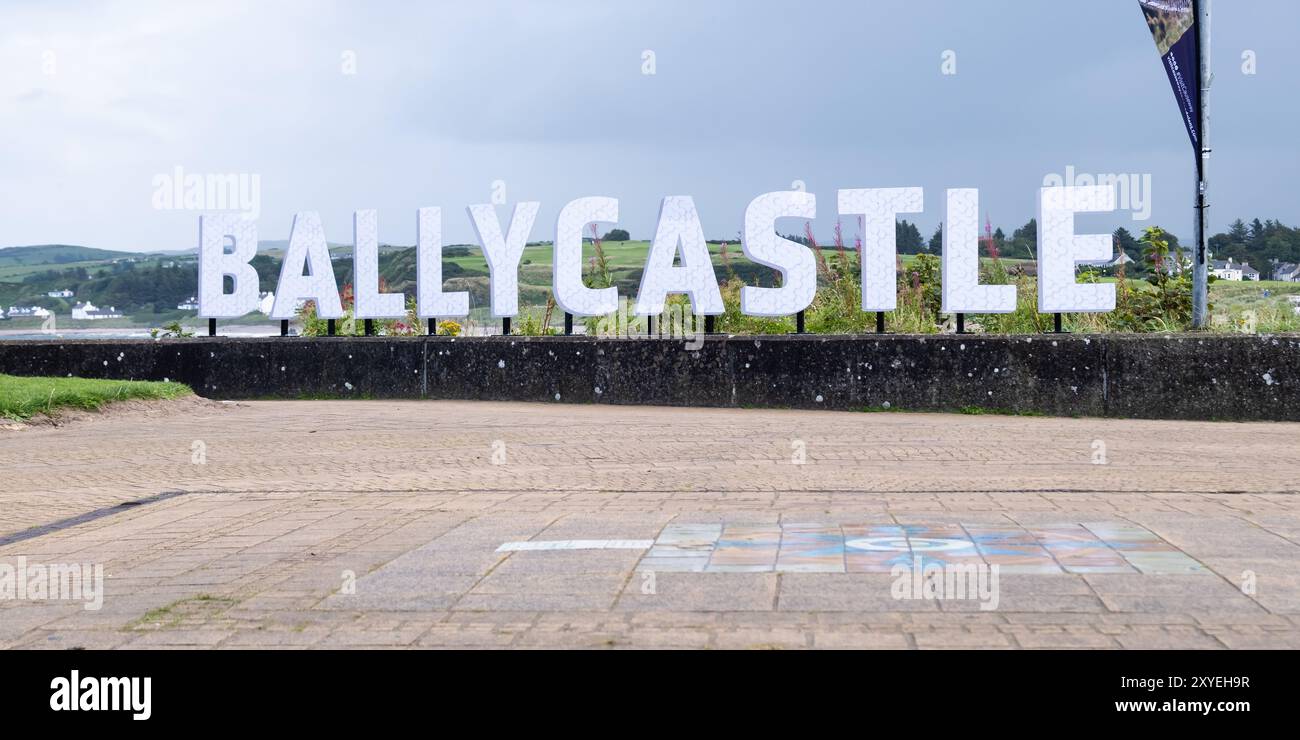 Ballycastle town sign in white block lettering, sunny summer's day, no ...