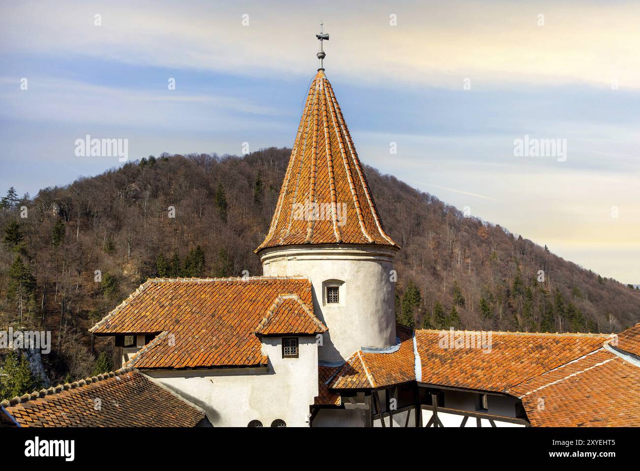 Courtyard tower view of Dracula castle in Bran, Romania, Europe Stock ...