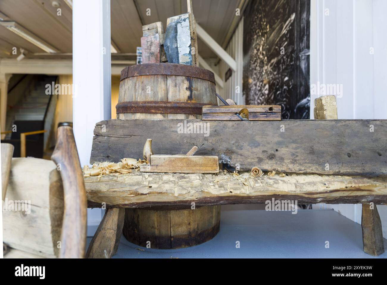 Joiner's plane on a workbench Stock Photo - Alamy