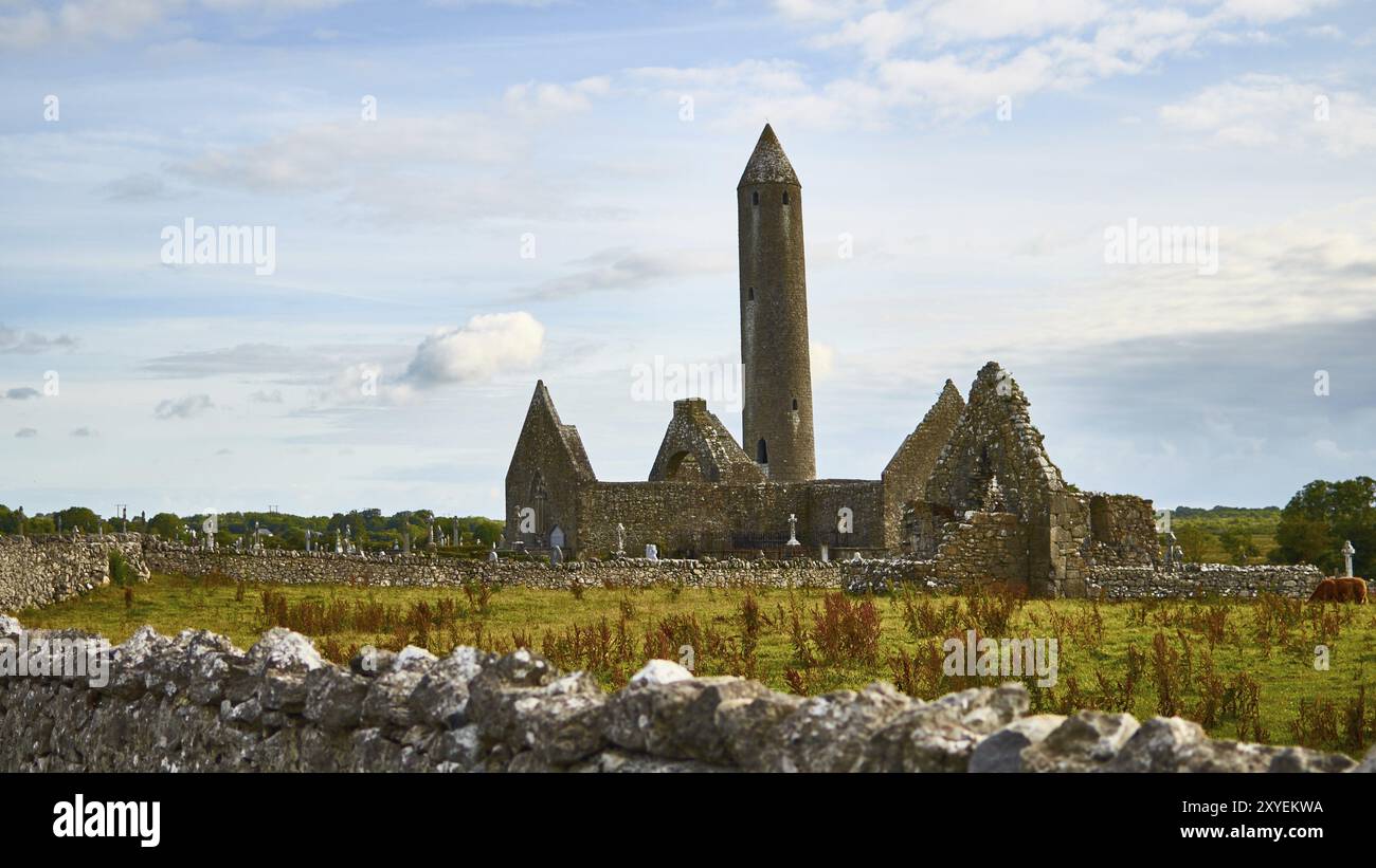 Irish celtic landscape concept. Medieval ruins of a temple and ...