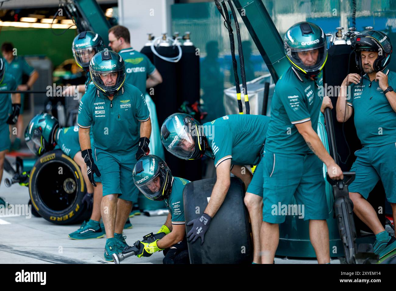 Monza, Italy. 29th Aug, 2024. Aston Martin Aramco F1 Team during pit stop practice, F1 Grand ...