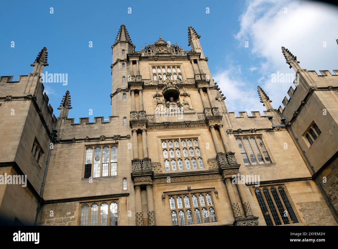 Low angle exterior view of tower of the Five Orders Bodliean Library ...