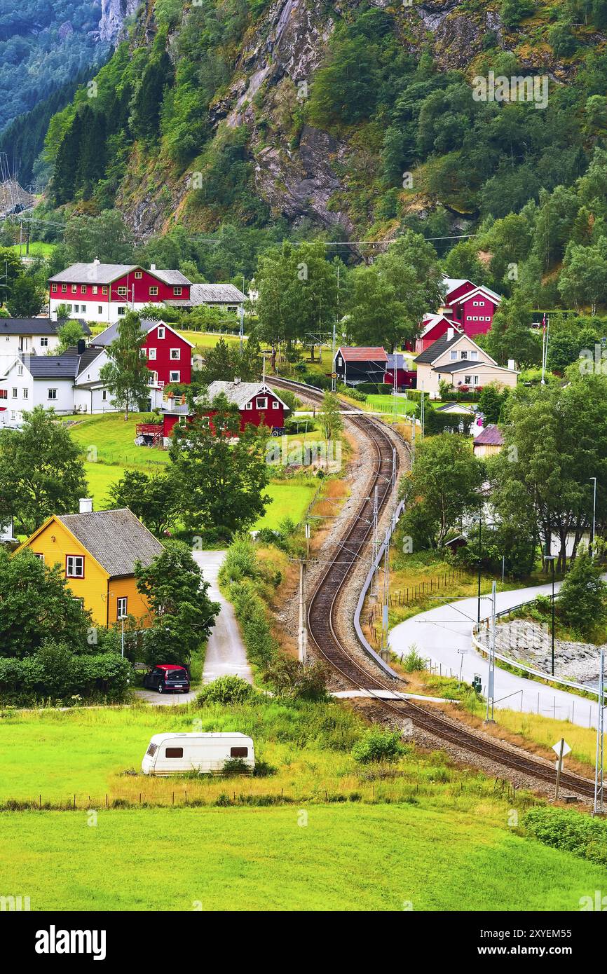 Norwegian fjord village landscape near Flam, Norway and Myrdal railway. Tourism vacation and ...