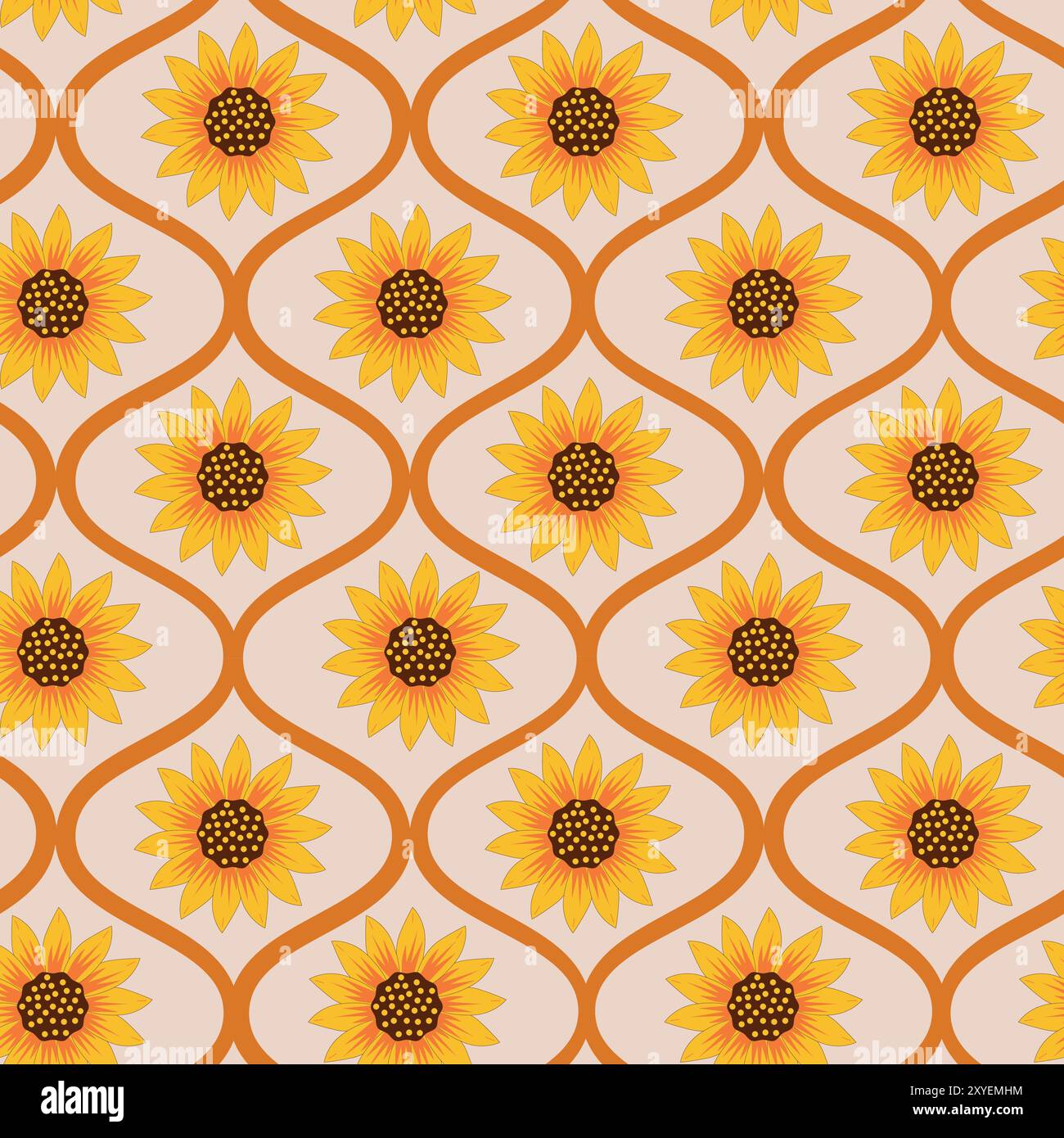 Retro Yellow Sunflowers seamless pattern on vintage ogee seamless ...