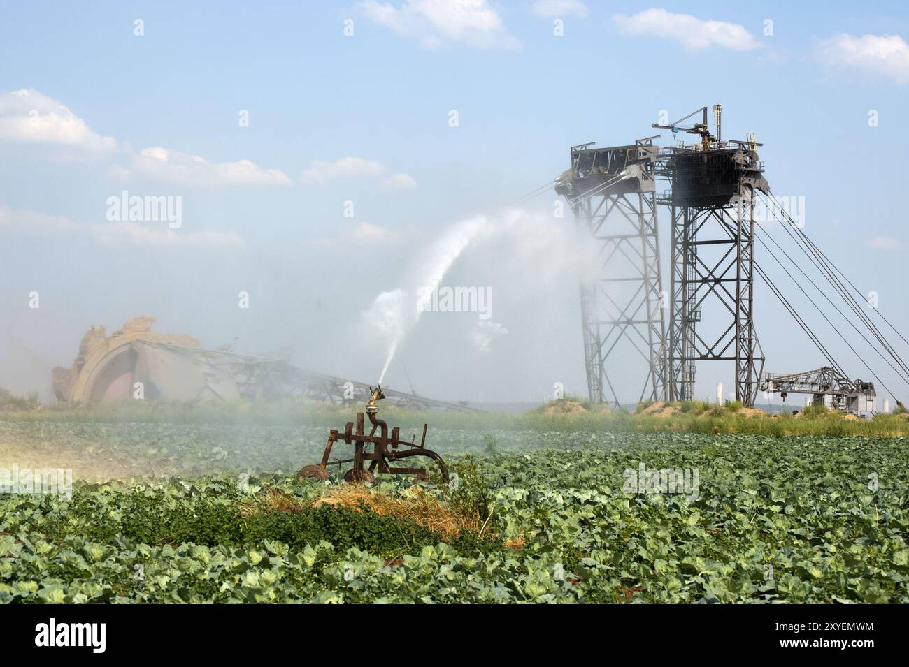 Agriculture sprinkler system in front of a bucket wheel excavator Stock ...