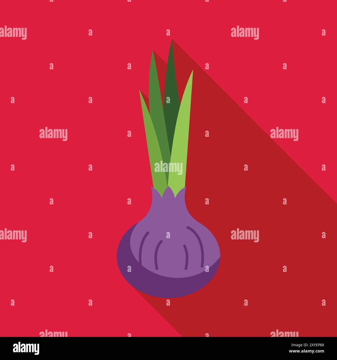 Simple illustration of a purple onion with green sprouts on a red ...