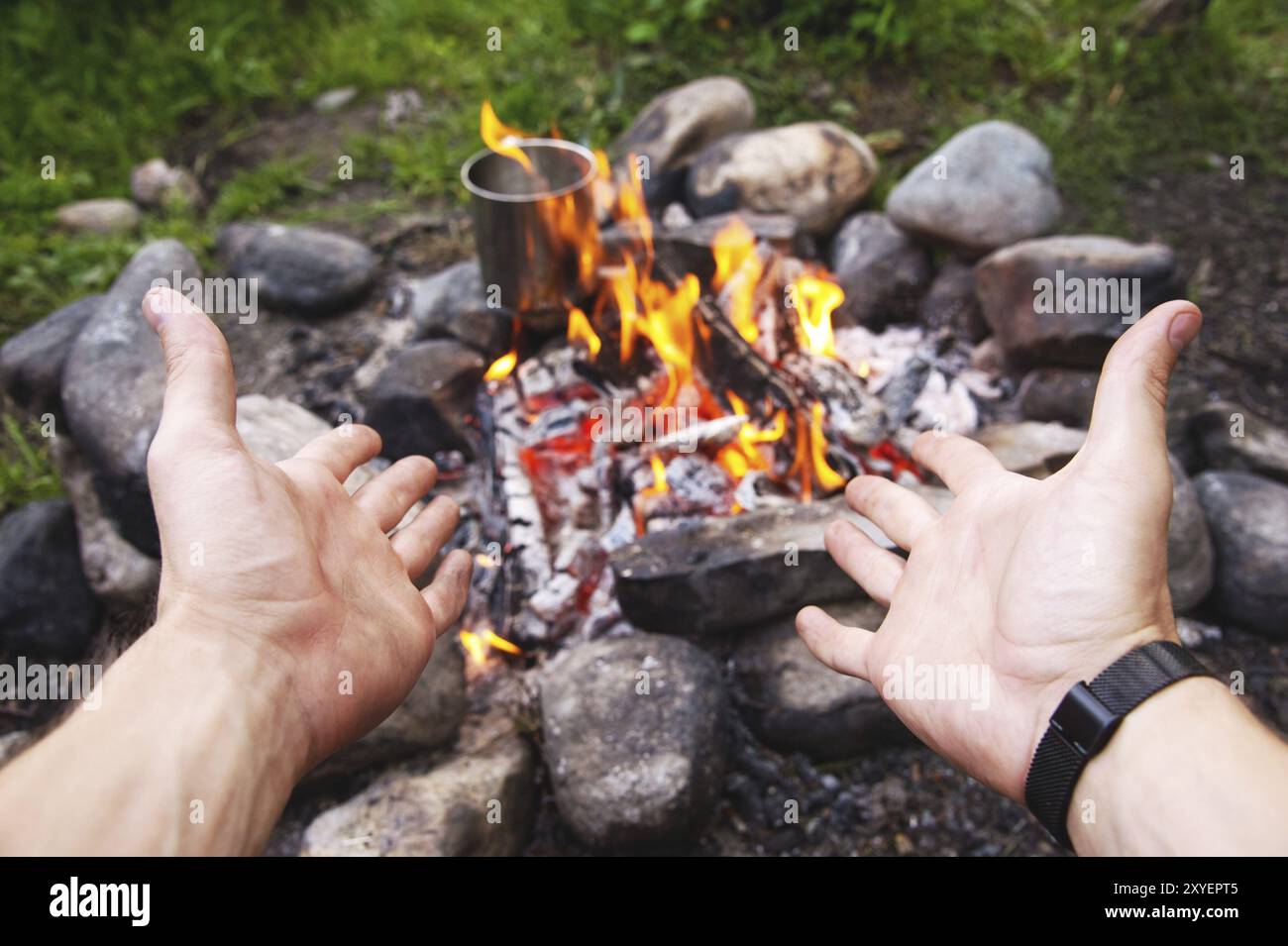 Men's hands are warming around the campfire in the forest Stock Photo ...