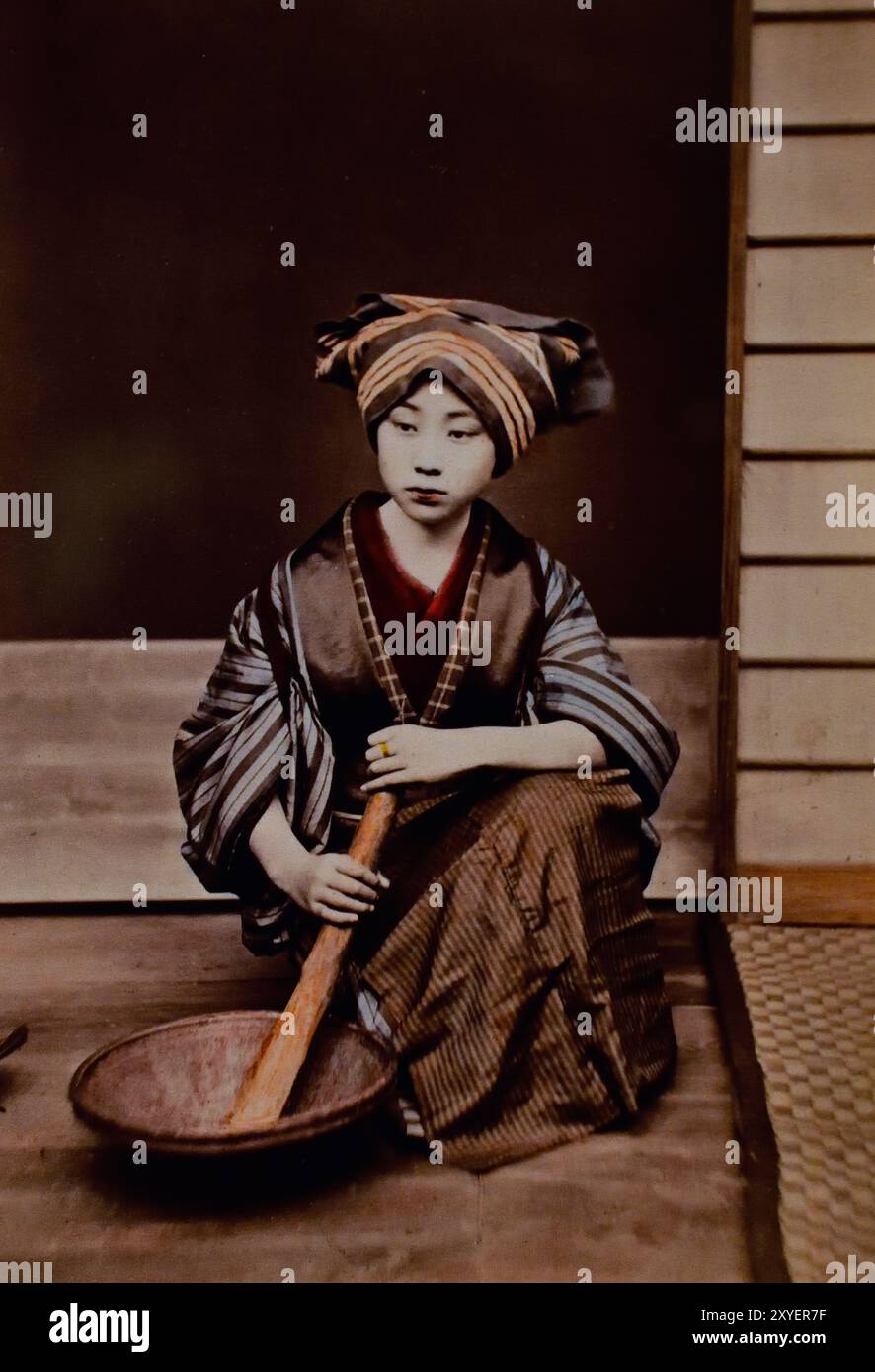 Girl with pestle and Mortar 1870 Japanese hand-coloured black and white ...