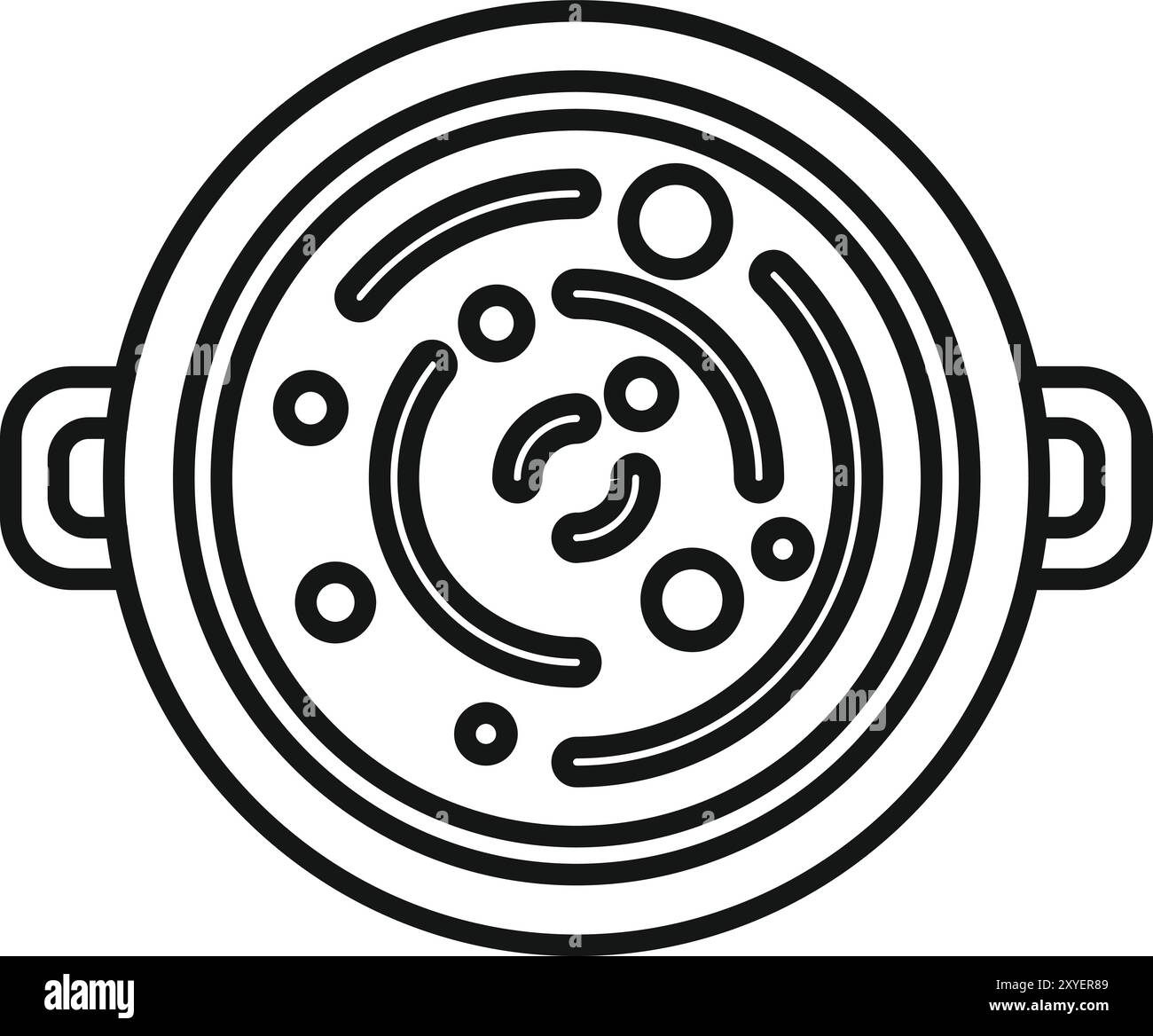 Round pot with handles containing food being cooked top view line art ...