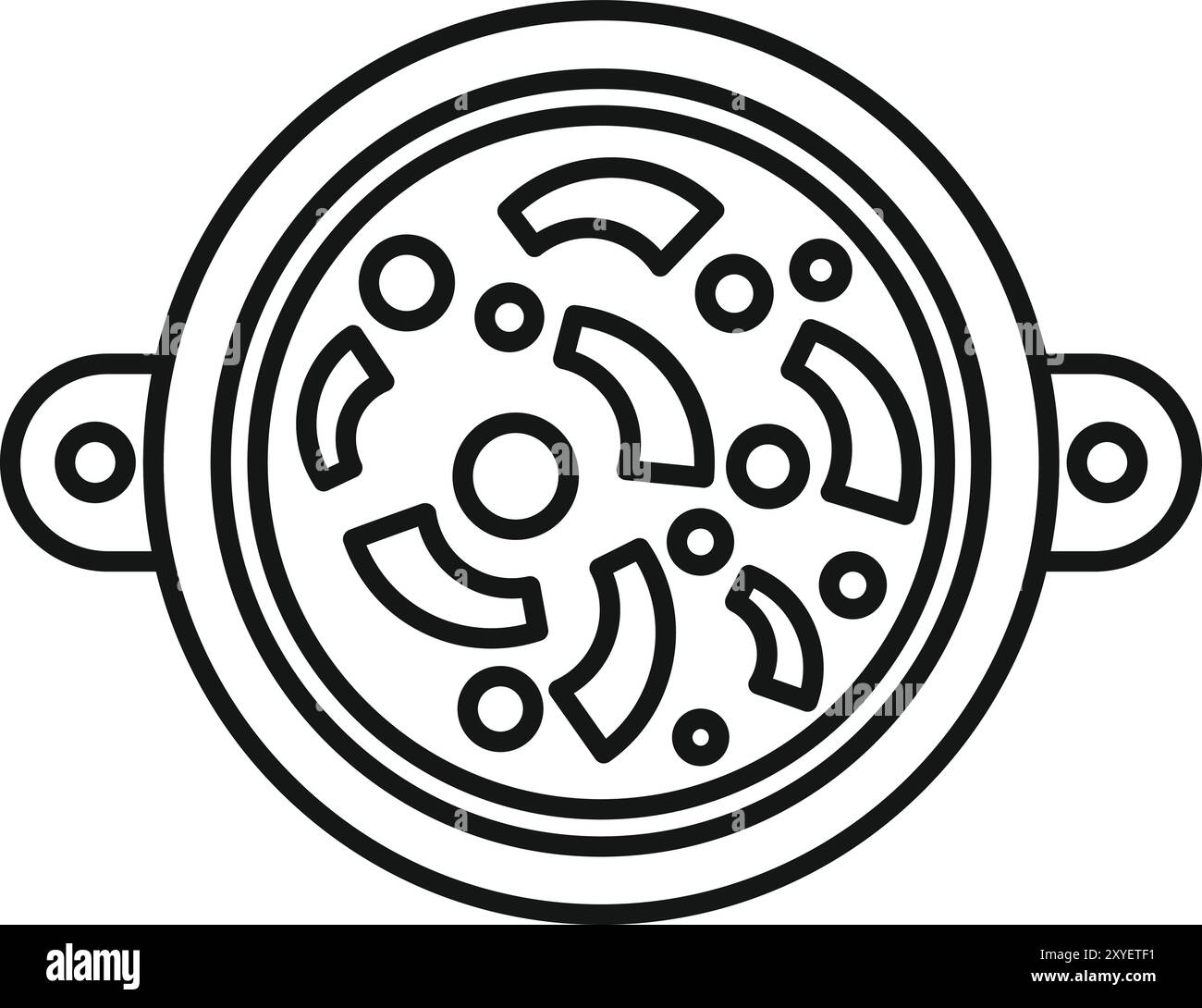 Simple black and white line art illustration of a paella pan with ...