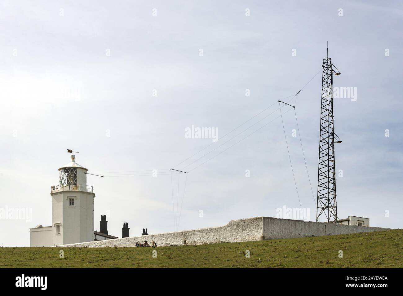 Lizard Point lighthouse and radio mast. Great Britain, Cornwall, Lizard ...