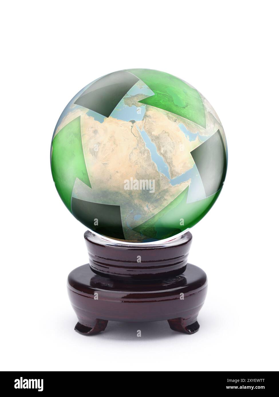 Scrying Crystal ball with recycling symbol over Earth globe isolated on ...