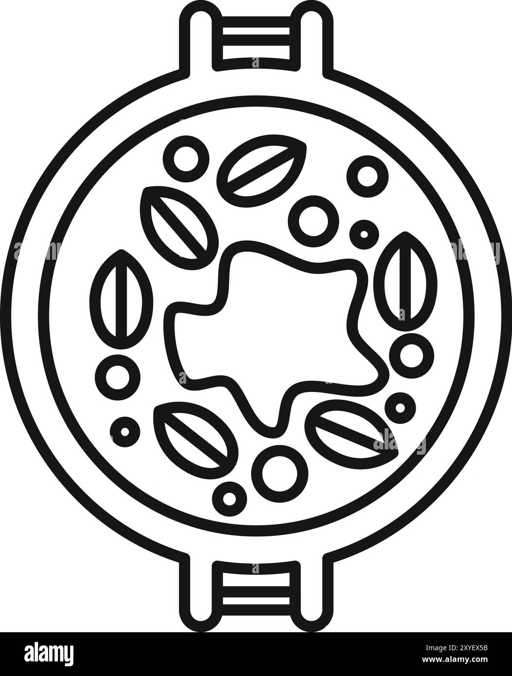 Simple black and white vector icon of food cooking in a pan with spices ...