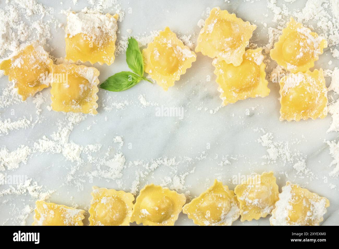 Ravioli with flour and basil leaves, forming a frame, shot from above ...