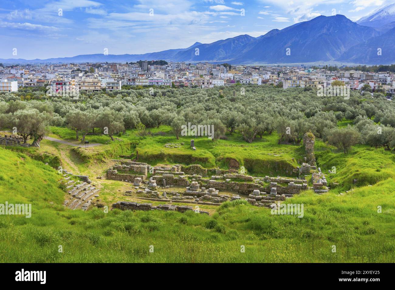 Aerial panoramic view of Sparta city with Taygetus mountains and ...