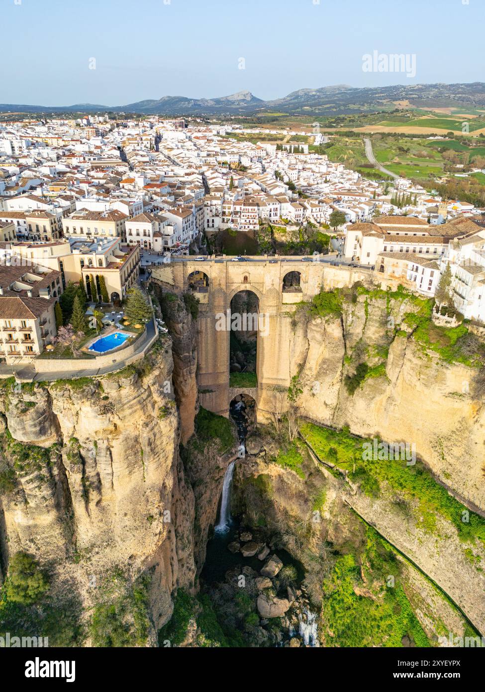 Amazing aerial view of Puenta Nuevo Bridge over the El Tajo Gorge in Ronda, Spain Stock Photo ...