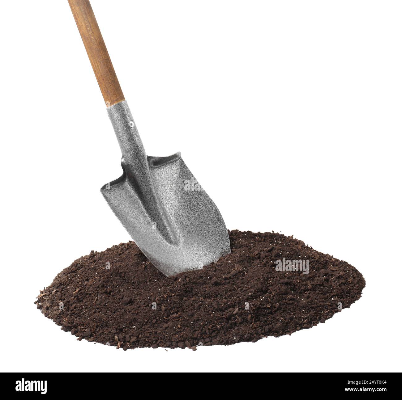 Metal shovel with wooden handle and pile of soil isolated on white ...