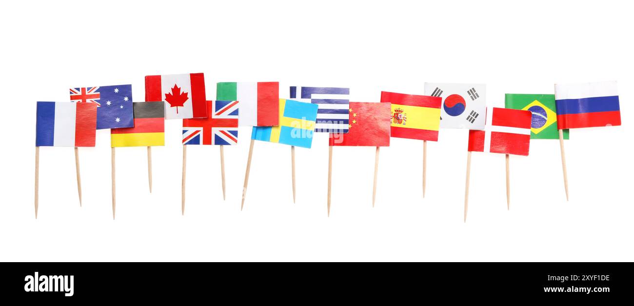 Small paper flags of different countries isolated on white Stock Photo ...