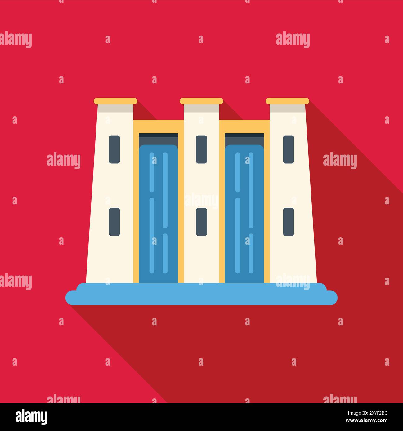 Water dam generating renewable energy with a strong waterfall, flat ...