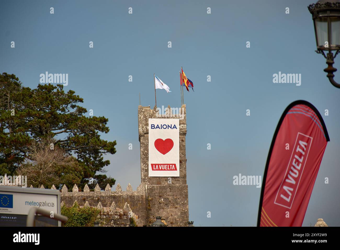 Bayona,Pontevedra,Spain; August,27,2024; A prominent sign displayed on ...