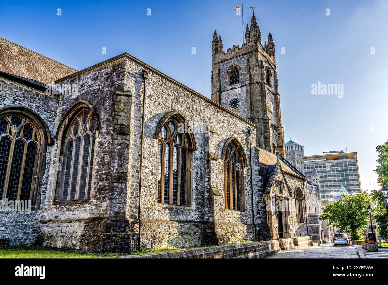 Outside Steeple Tower St Andrew's Church Plymouth Devon England. Church ...