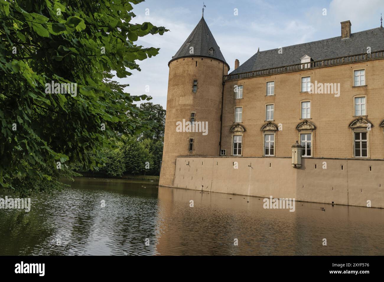 Historic castle with a moat surrounded by green trees, Gemen, Muensterland, Germany, Europe ...