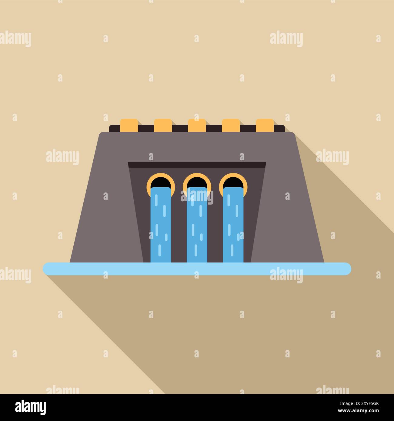 This flat style icon represents a hydroelectric power plant generating ...