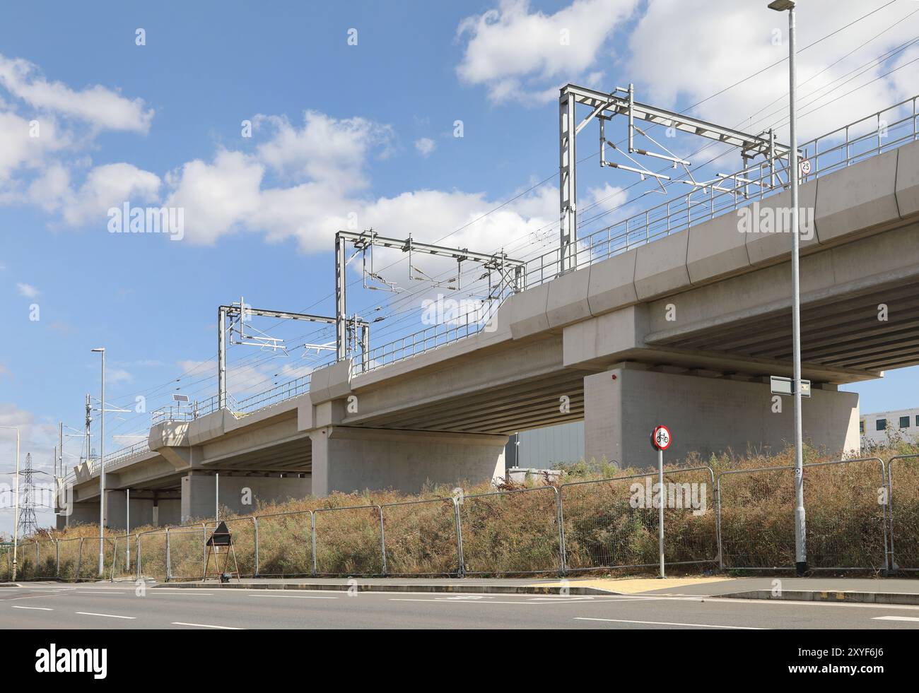 Concrete railway viaduct next to the newly completed Barking Riverside ...