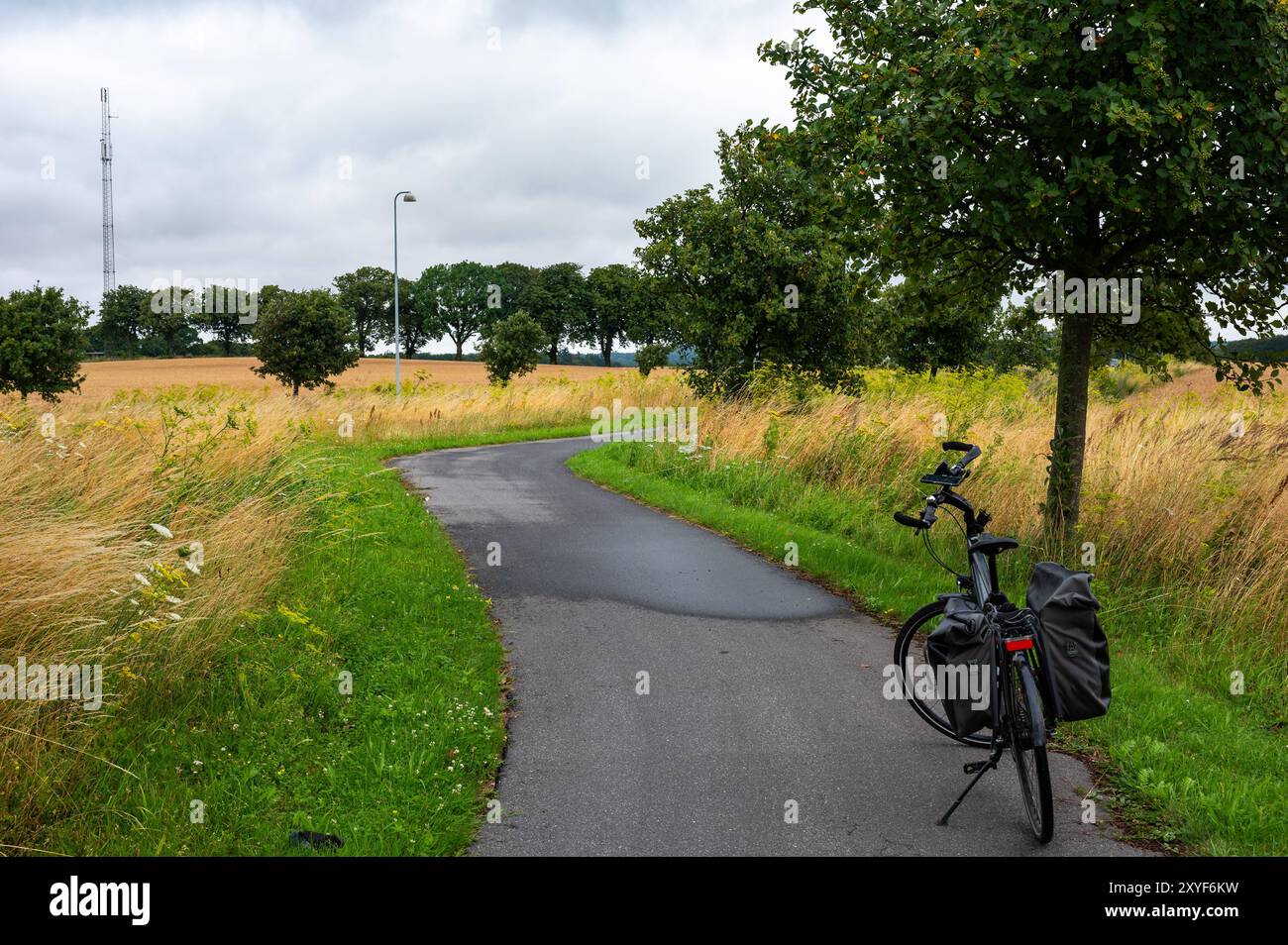 Trekking bike with paniers on a bending road at the Danish countryside ...