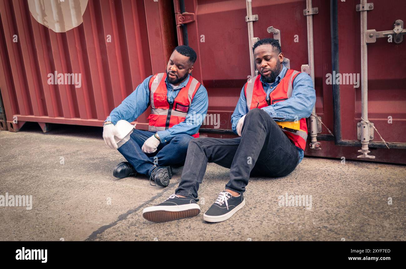 Two Engineer or foreman wears PPE sitting stress on container ...