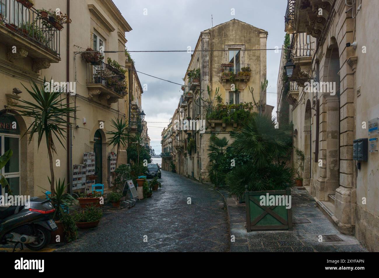 Typical narrow italian street with green plants in a famous island ...