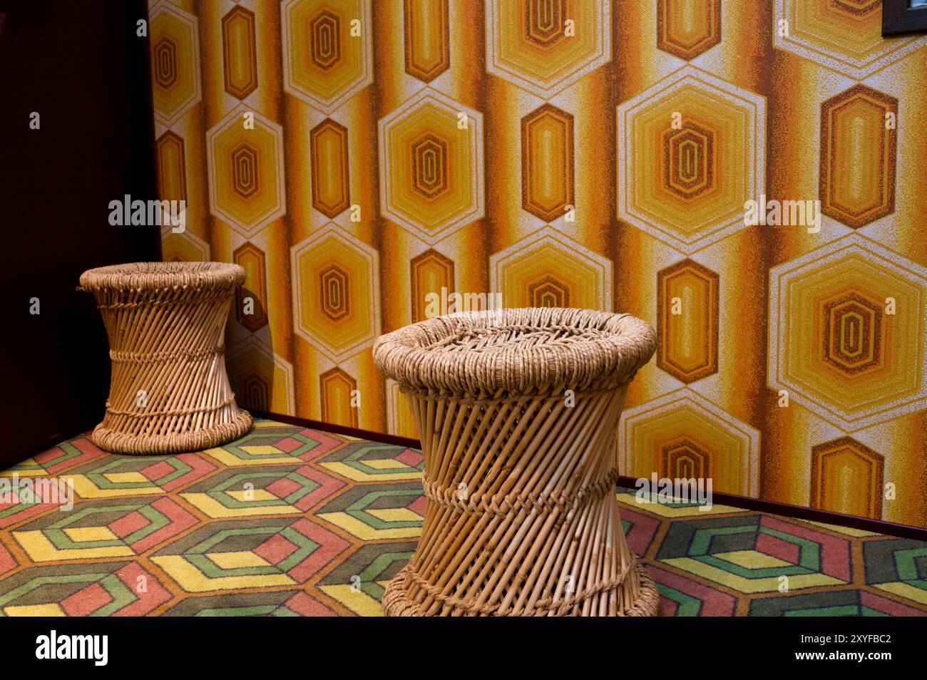colourful patterns on floor and wall with wooden baskets at Herning ...