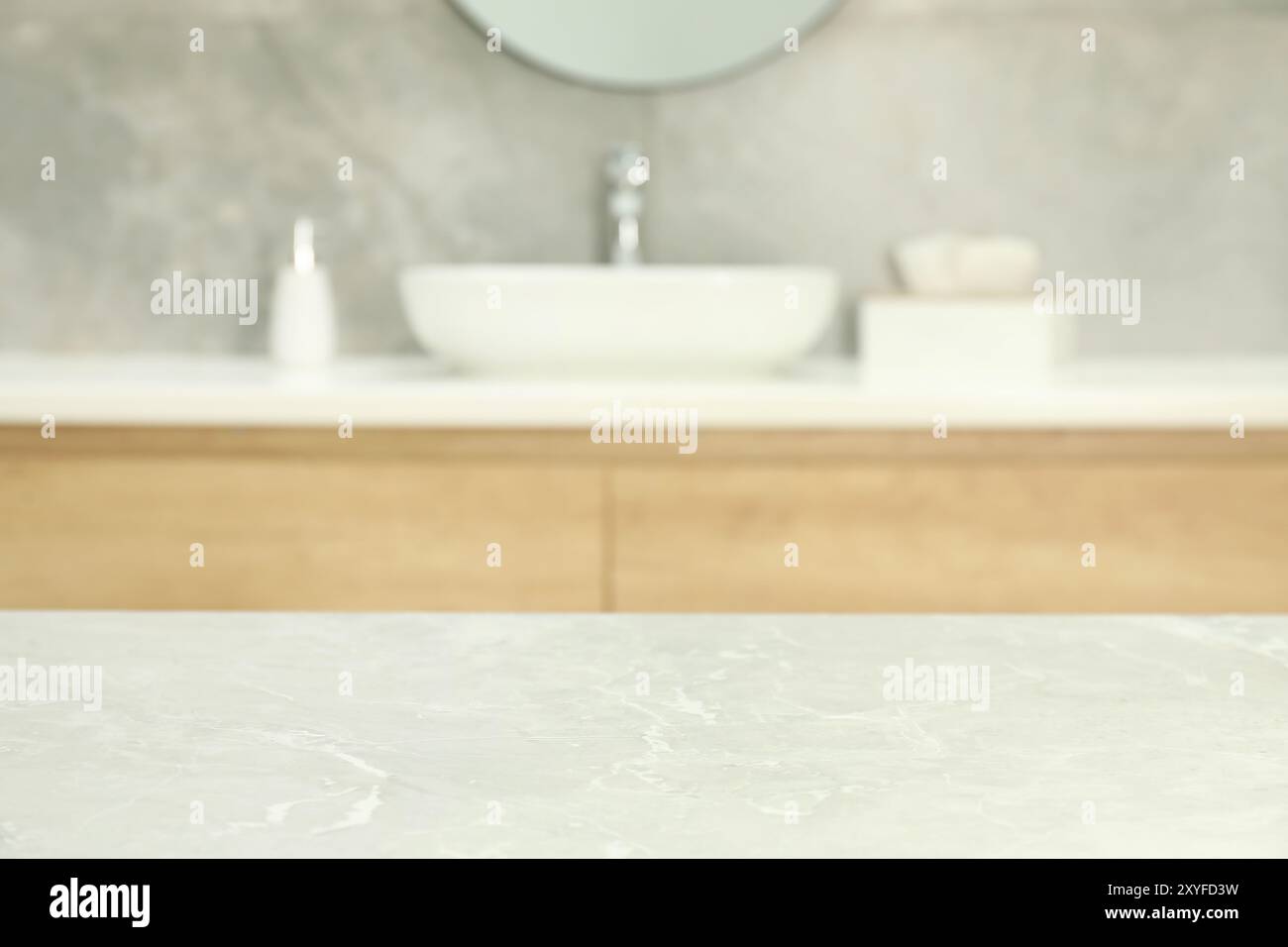 Empty light grey marble table in bathroom. Space for design Stock Photo ...