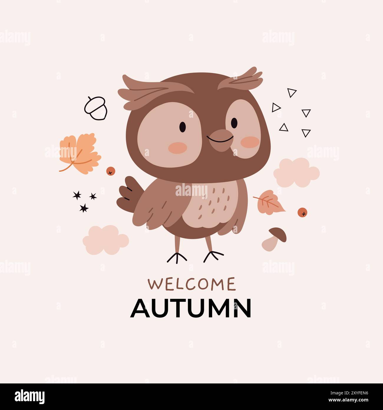 Owl among autumn leaves, mushrooms and berries. Poster for the children ...